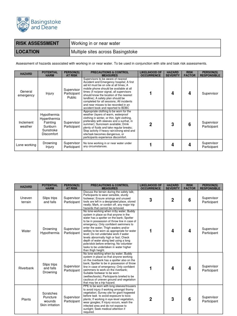 Risk Assessment - Working in or Near Water | PDF | Risk | Hazards