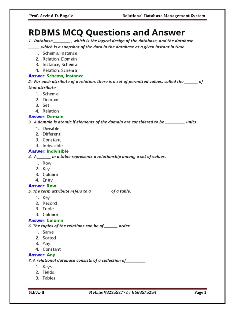 Set 1 - RDBMS MCQ Questions and Answer | PDF | Relational Database | Databases