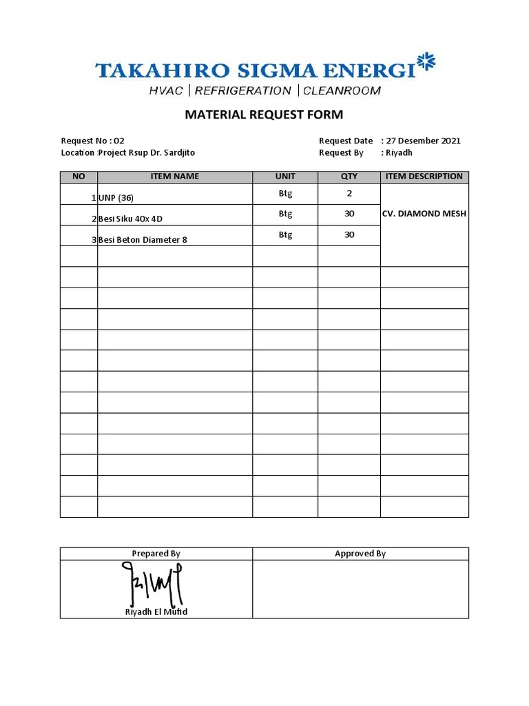 Contoh Form Req Material | PDF