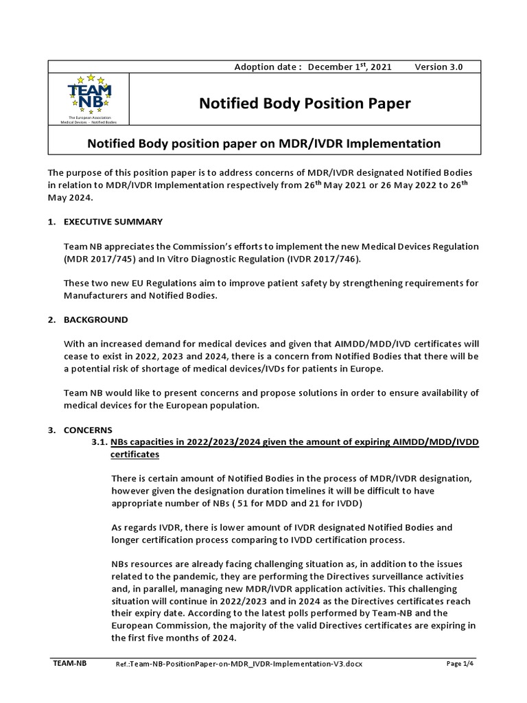 Notified Body Position Paper On MDR/IVDR Implementation | PDF | Medical ...