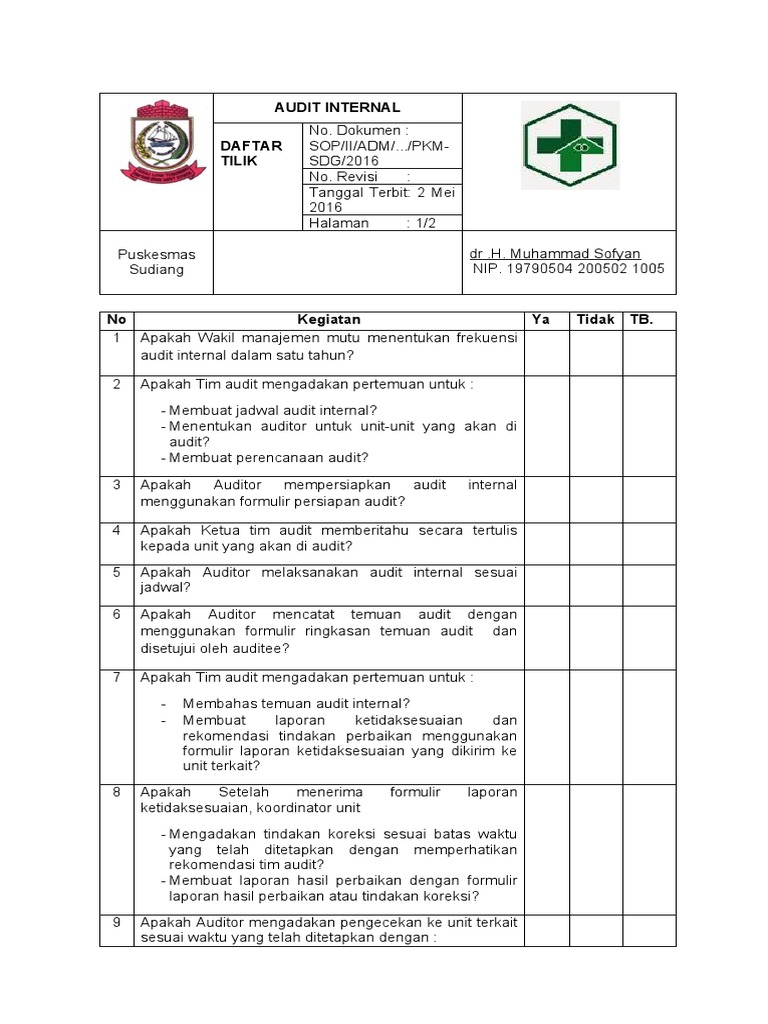 Daftar Tilik Audit Internal | PDF