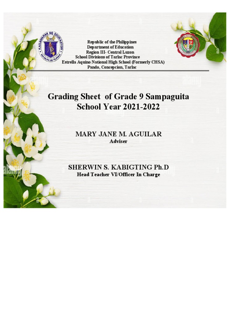 Grading Sheet of Grade 9 Sampaguita School Year 2021-2022: Mary Jane M ...