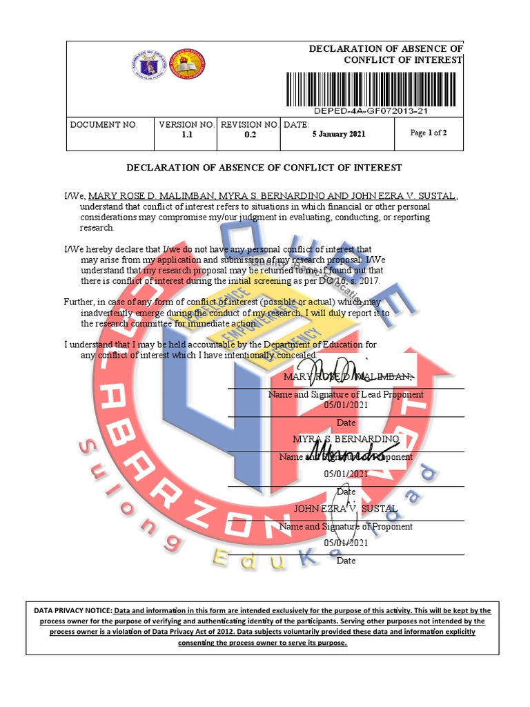 Declaration of Absence of Conflict of Interest | PDF | Conflict Of Interest | Privacy