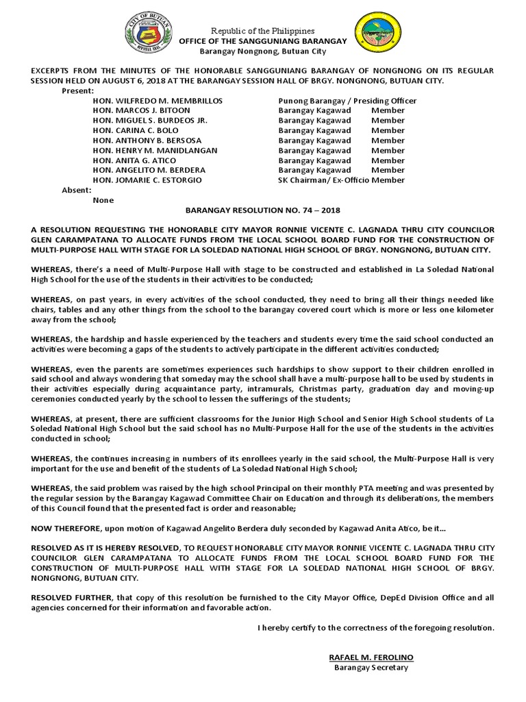 Resolution Request To Mayor For Multi-Purpose Hall For LSNHS | PDF