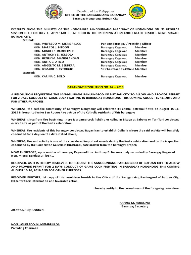 Resolution Request To SP For Permit of Sabungan | PDF | Philippines