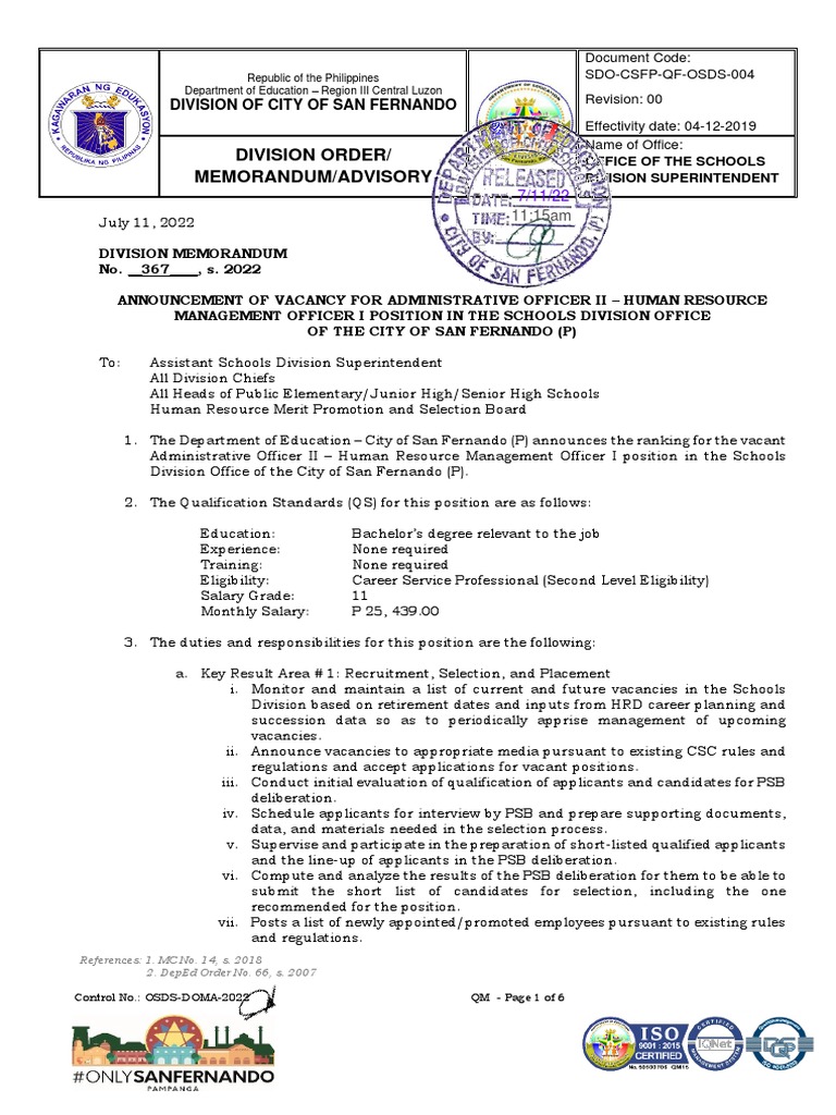 Vacancy Announcement: Admin Officer II | PDF | Salary | Employment