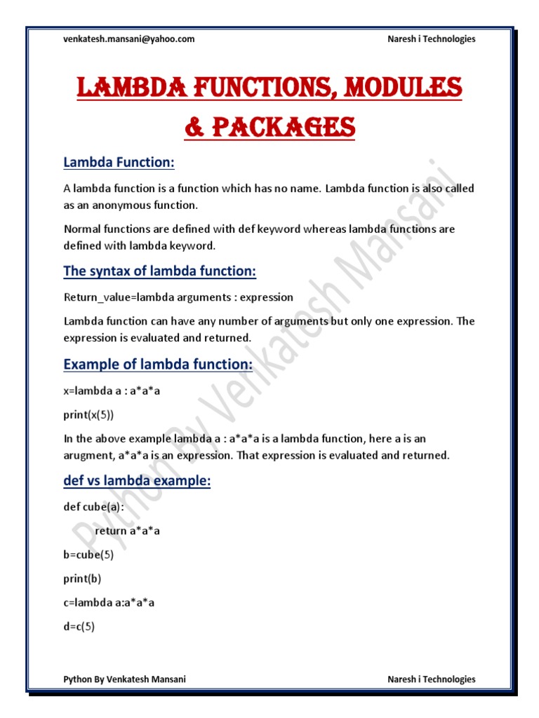 Lambda Functions, Modules & Packages | PDF | Anonymous Function ... Lambda Functions, Modules & Packages | PDF | Anonymous Function ...