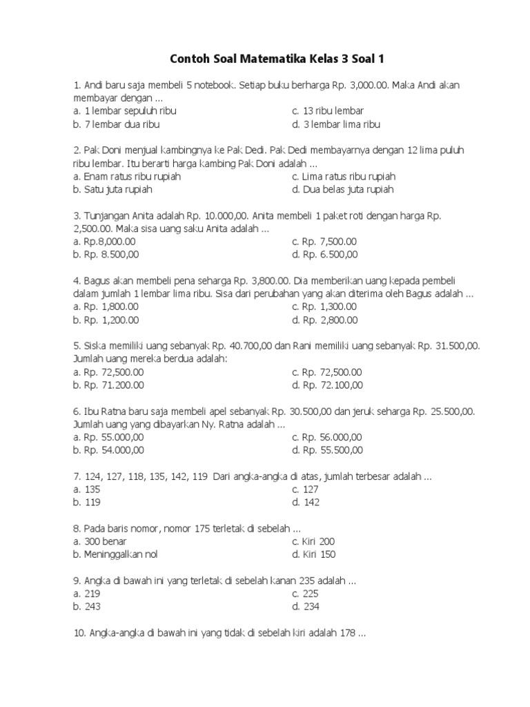 Contoh Soal Matematika Kelas 3 Soal 1 | PDF