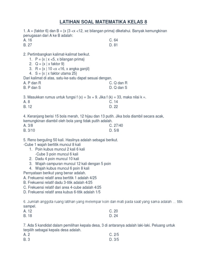 Contoh Soal Matematika Kelas 8 | PDF