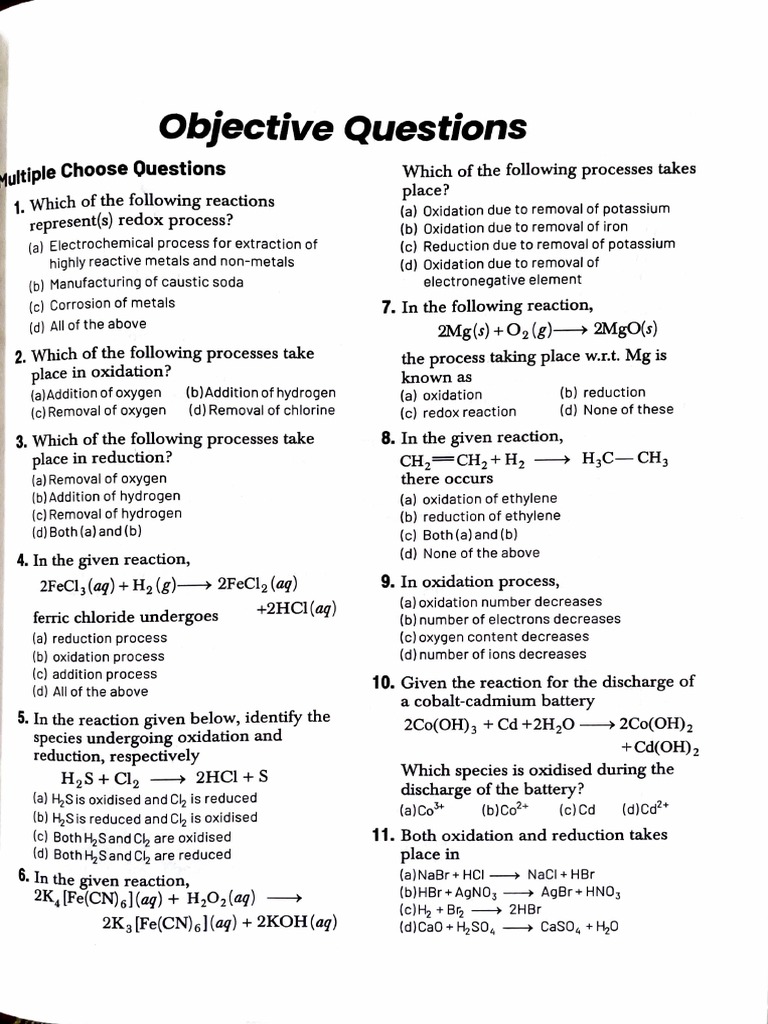 Osb Redox Reactions MCQ With Solutions | PDF | Redox | Chemical Reactions