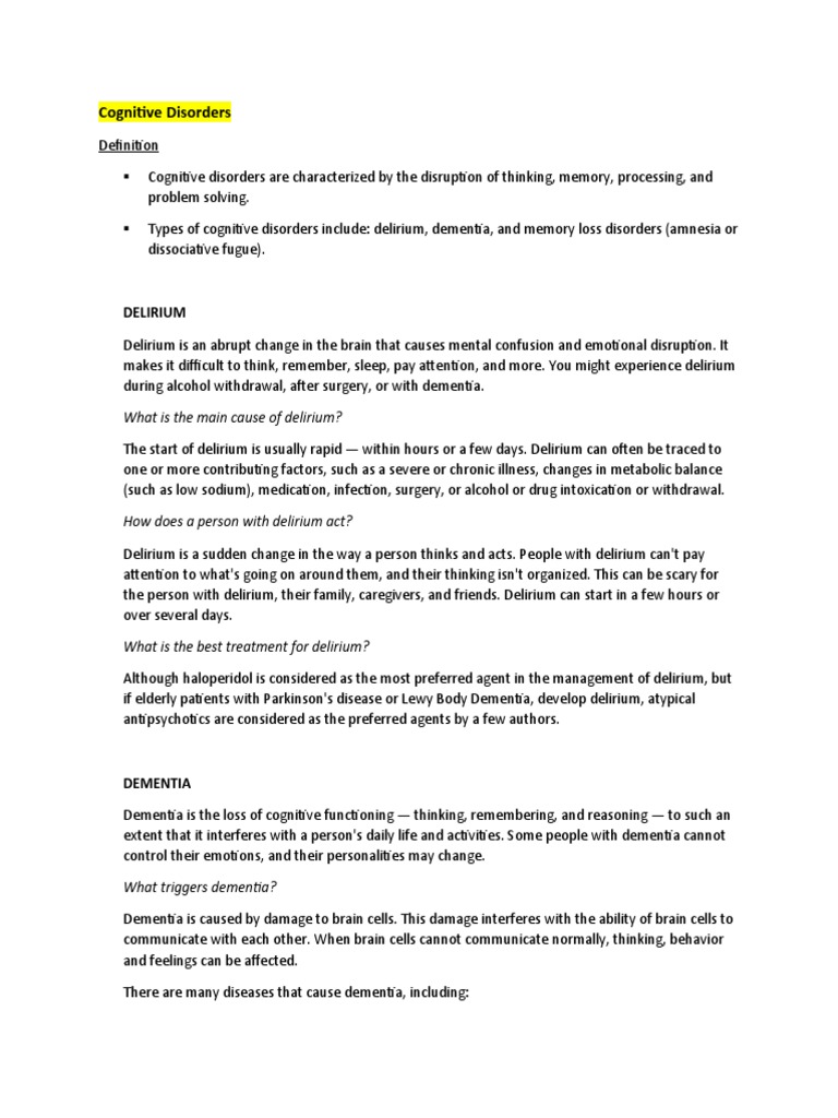 COGNITIVE DISORDER (Reading Material) | PDF | Dementia | Mental Disorder