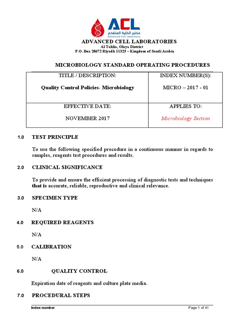 Standard Operating Procedures for Quality Control in Microbiology ...