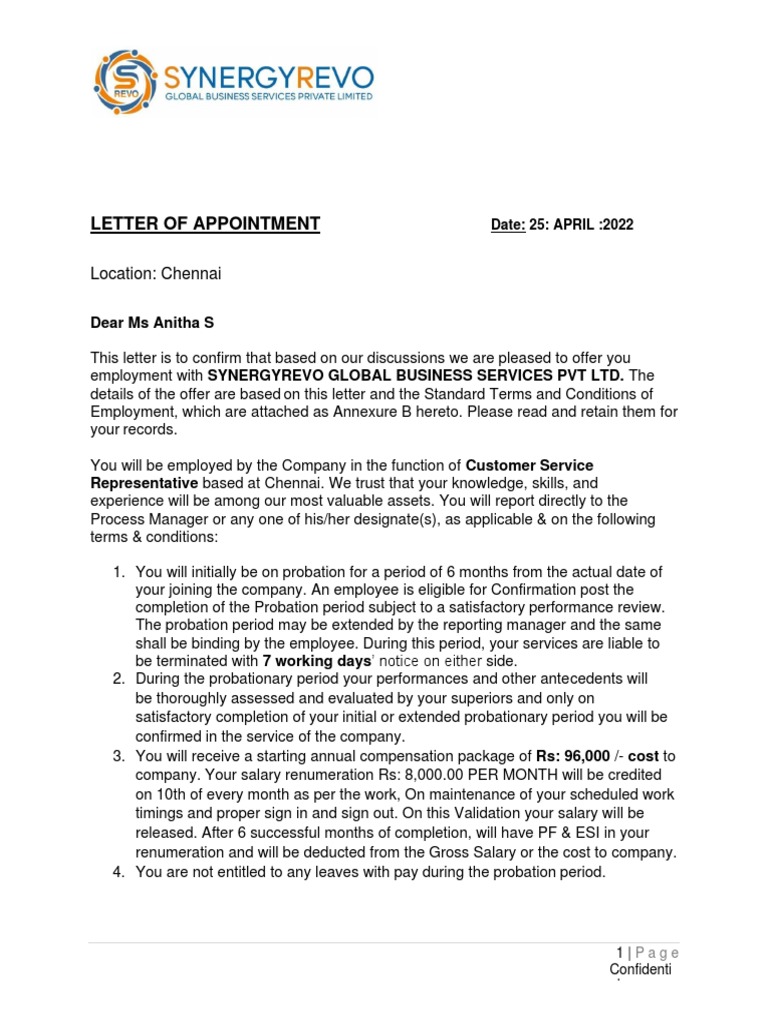 SynergyRevo Offer Letter Details | PDF | Employment | Business