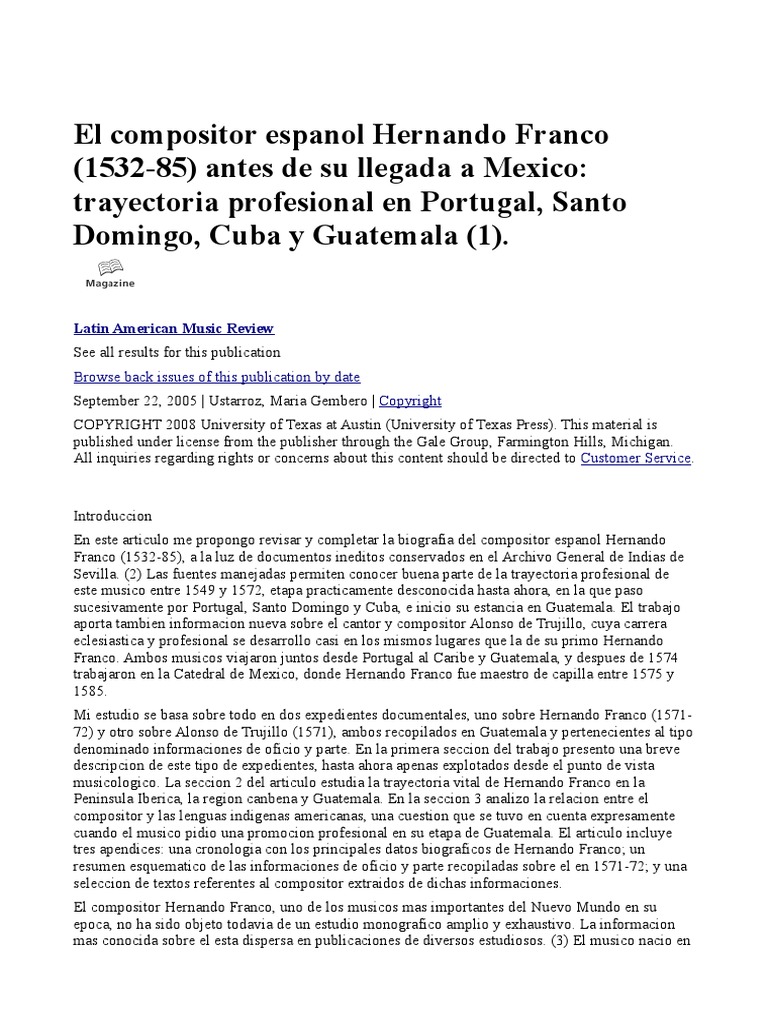 El Compositor Espanol Hernando Franco (1532-85) Antes de Su Llegada A ...