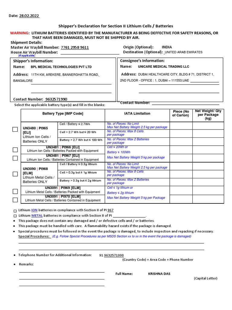 Section II Lithium Battery Declaration Form | PDF | Galvanic Cells ...