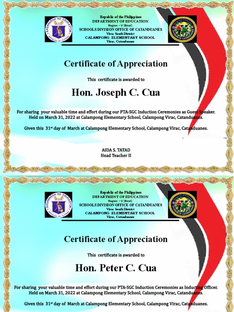Hon. Joseph C. Cua: Certificate of Appreciation | PDF