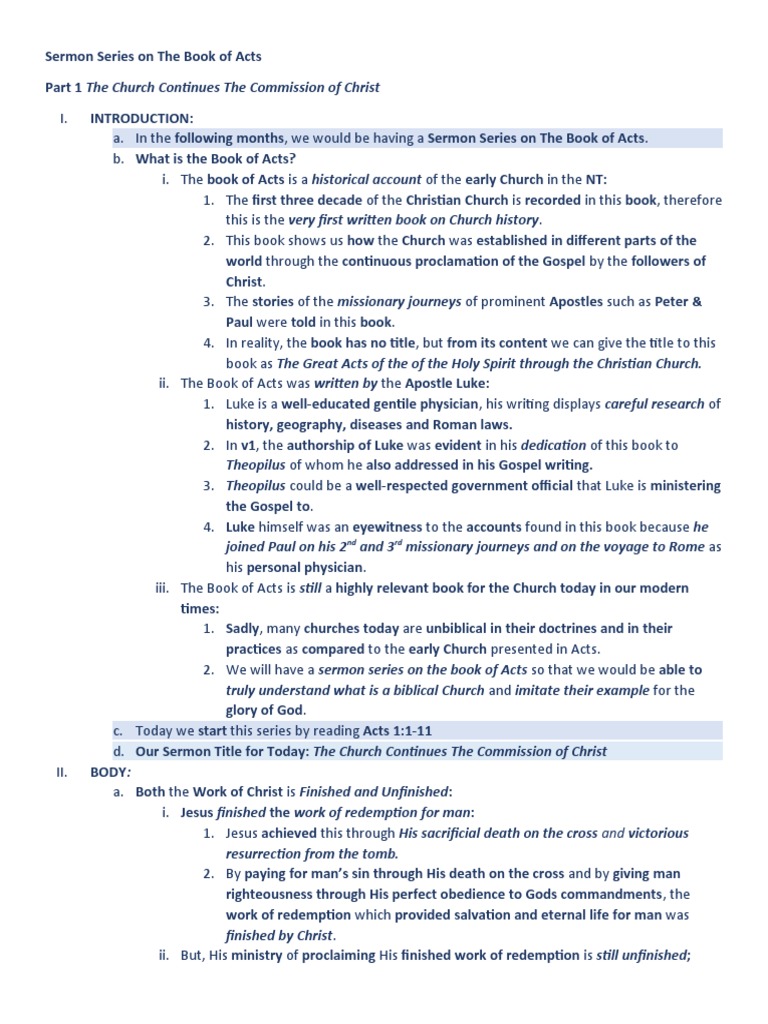 Sermon Series On The Book of Acts | PDF | Acts Of The Apostles | Jesus