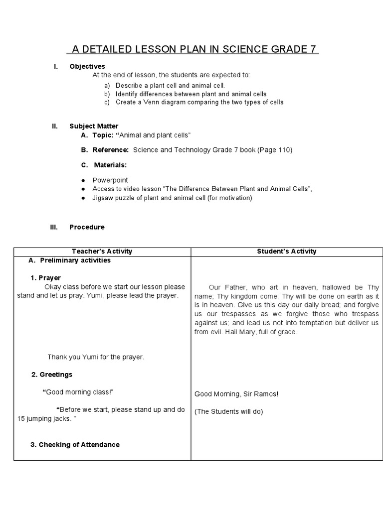 A Detailed Lesson Plan in Science Grade 7 Ramos | PDF | Cell (Biology ...