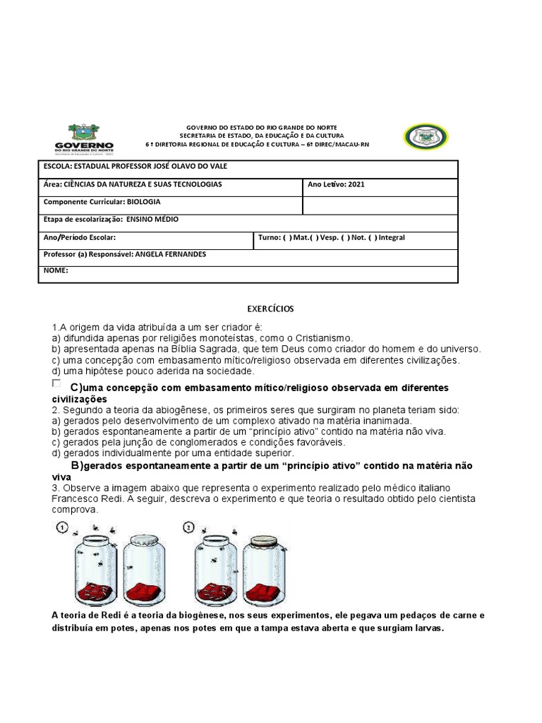 Exercícios - Origem Da Vida | PDF | Abiogênese | Natureza Exercícios - Origem Da Vida | PDF | Abiogênese | Natureza