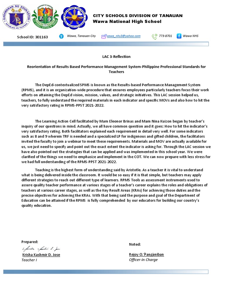 LAC 3 Reflection-RPMS | PDF | Teachers | Teaching