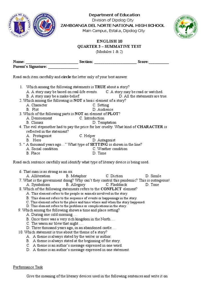 English 10 Summative Test Guide | PDF | Language Arts & Discipline