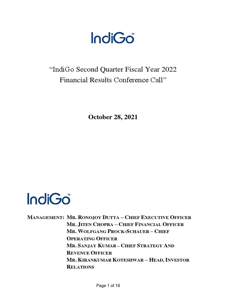 Earnings Call Transcript Q2 FY 22 | PDF | Airlines | Low Cost Carrier