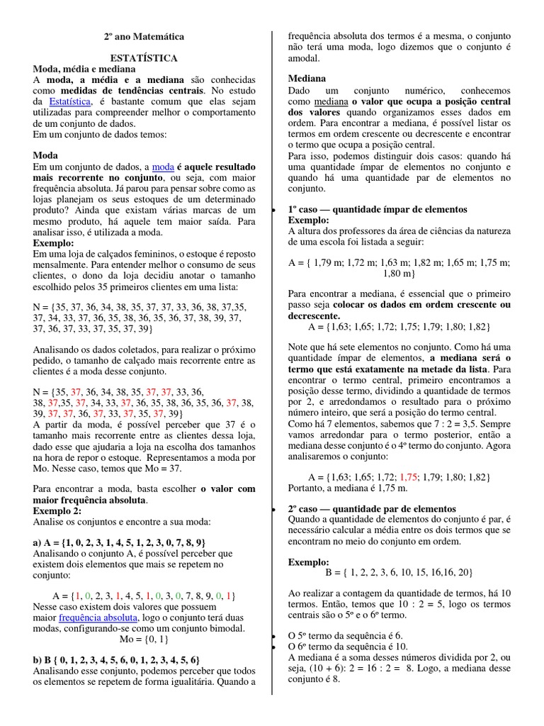 Fórmulas para cálculo da média aritmética simples e ponderada, moda e ...