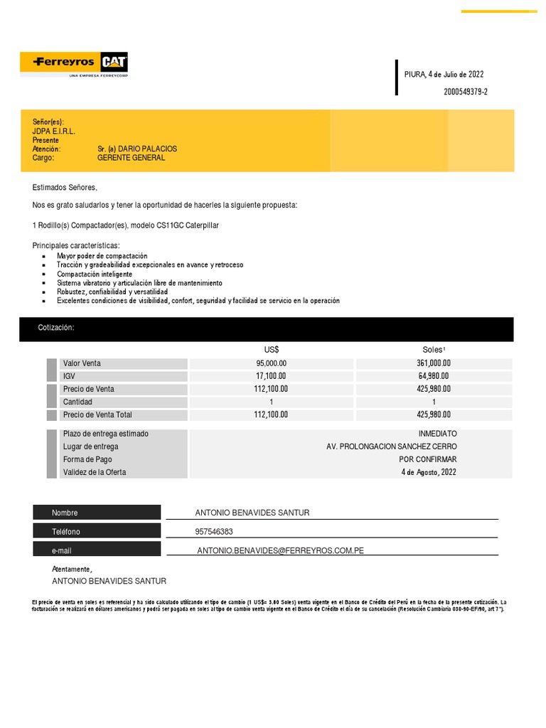 Cotizacion Rodillo Cs11gc de 11 Toneladas - Jdpa | PDF | Rodamiento ...
