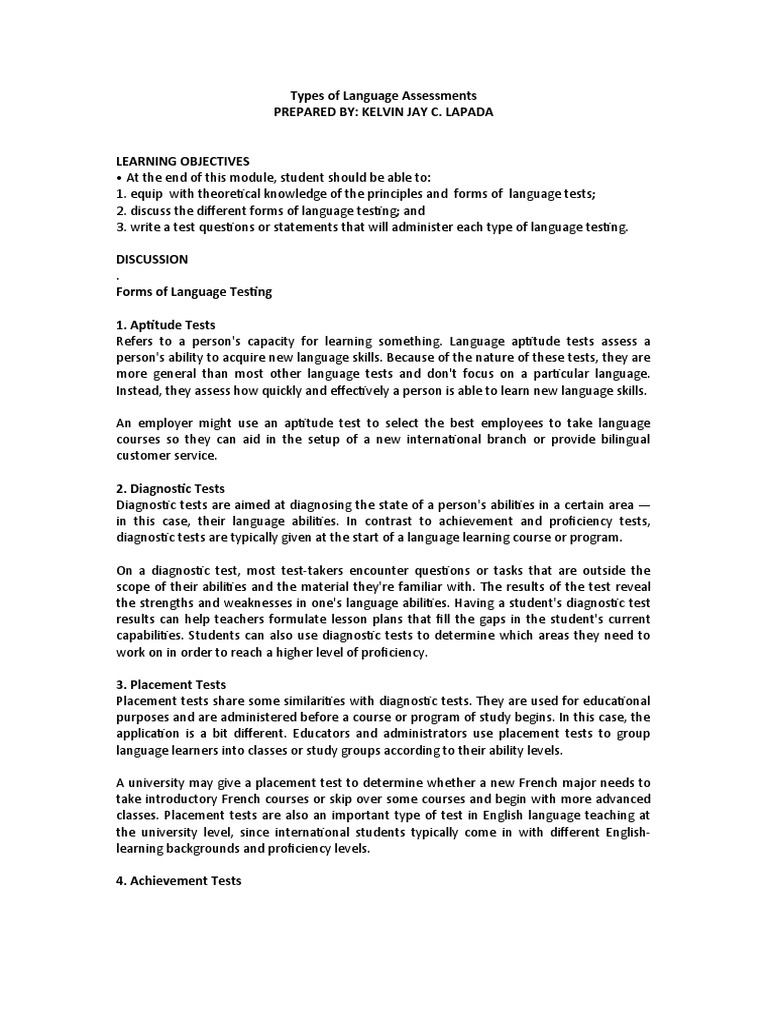 MODULE 2 - Types of Language Assessments | PDF | Test (Assessment) | Speech