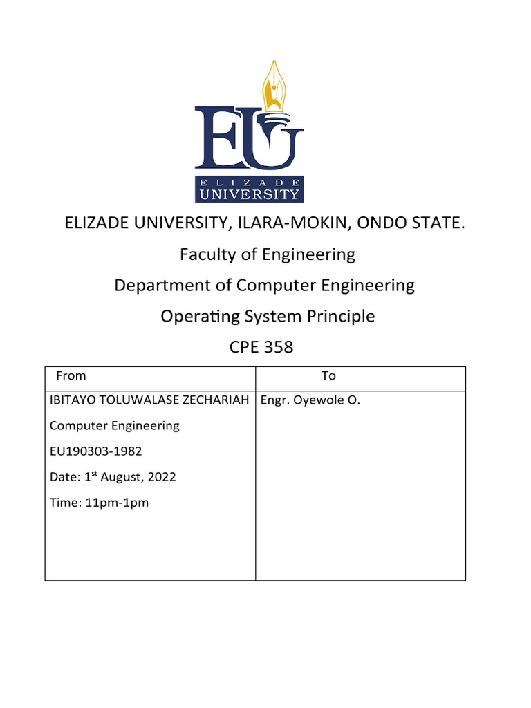 Elizade University, Ilara-Mokin, Ondo State. Faculty of Engineering Department of Computer ...