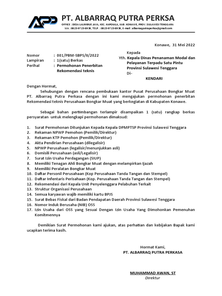 Surat Permohonan Ke DPM PTSP | PDF