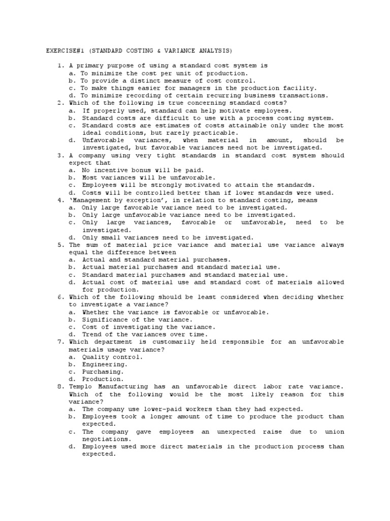 Exercise For Standard Costing | PDF | Variance | Cost