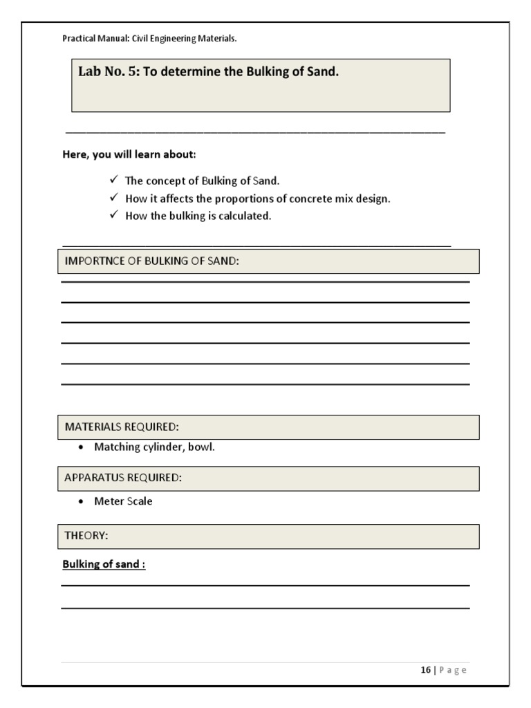 Lab No. 5: To Determine The Bulking of Sand.: Practical Manual: Civil ...