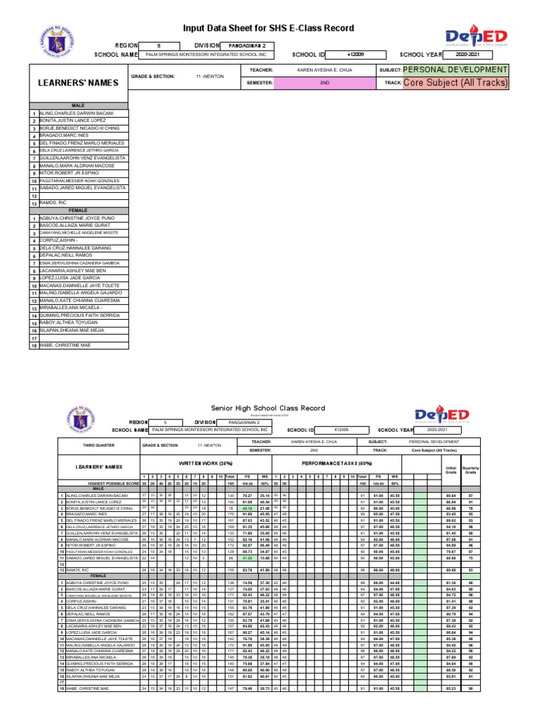 Input Data Sheet For SHS E-Class Record: Learners' Names | PDF