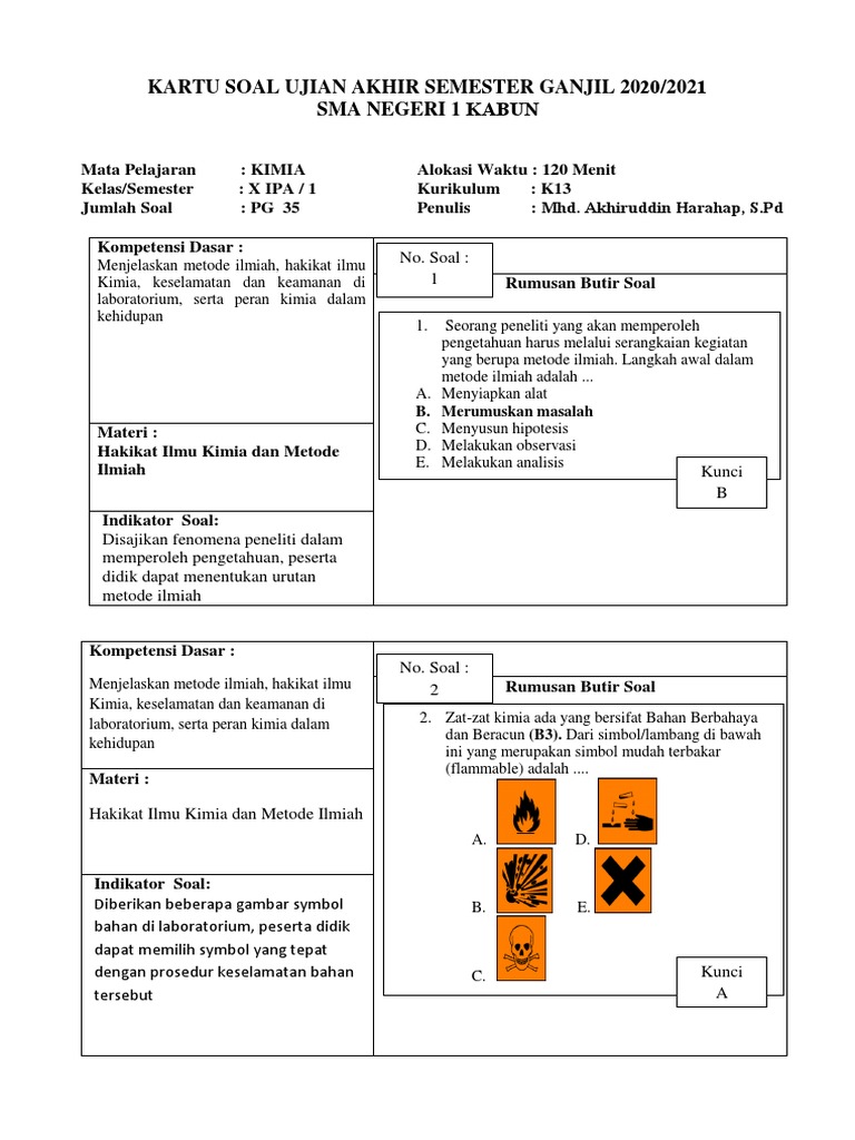 Kartu Soal Kimia Kelas X Semster Ganjil | PDF