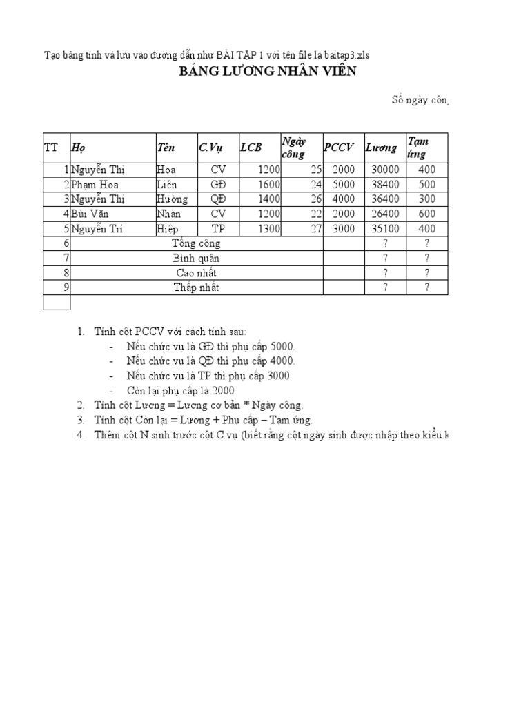 BT Thuc Hanh Excel 2020 | PDF