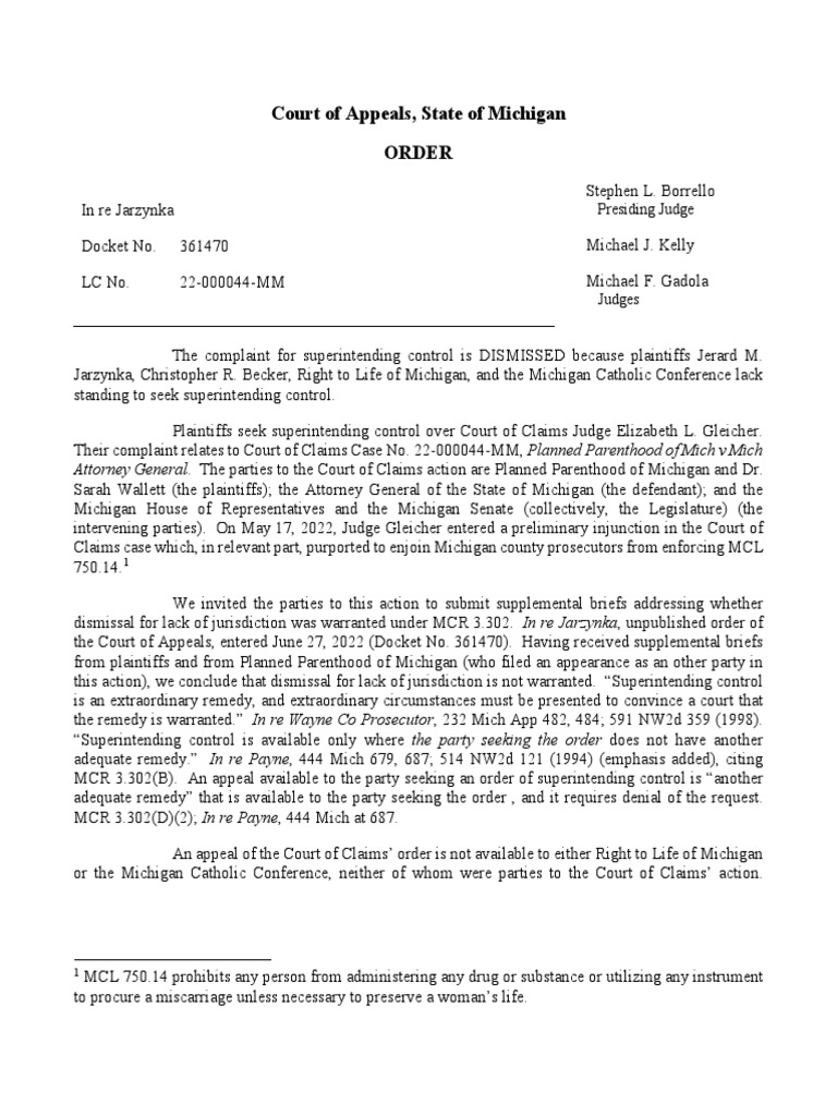 Court of Appeals, State of Michigan Order | PDF