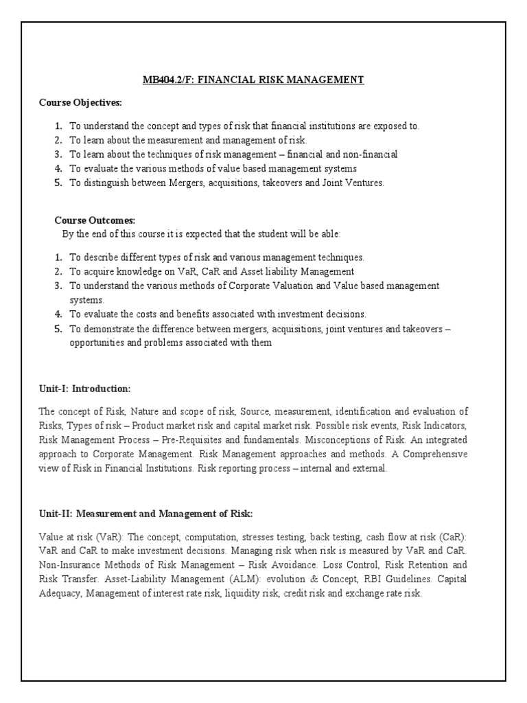 Financial Risk Management Course Overview | PDF | Risk | Risk Management