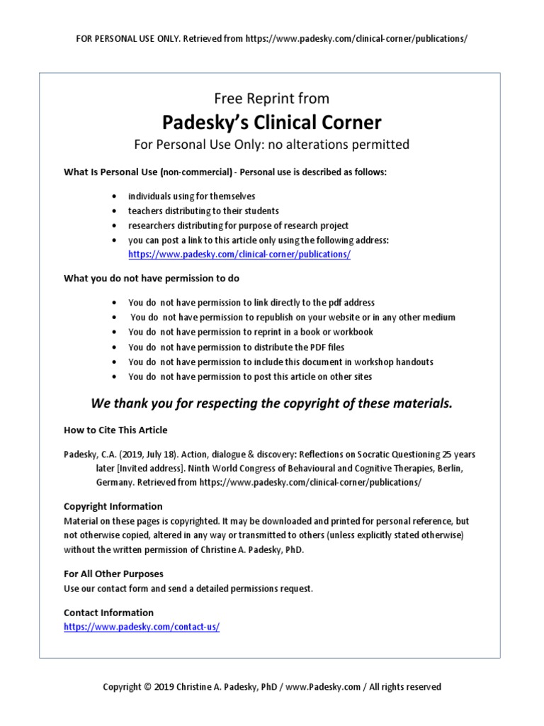 Padesky's Clinical Corner: Free Reprint From | PDF | Psychotherapy ...