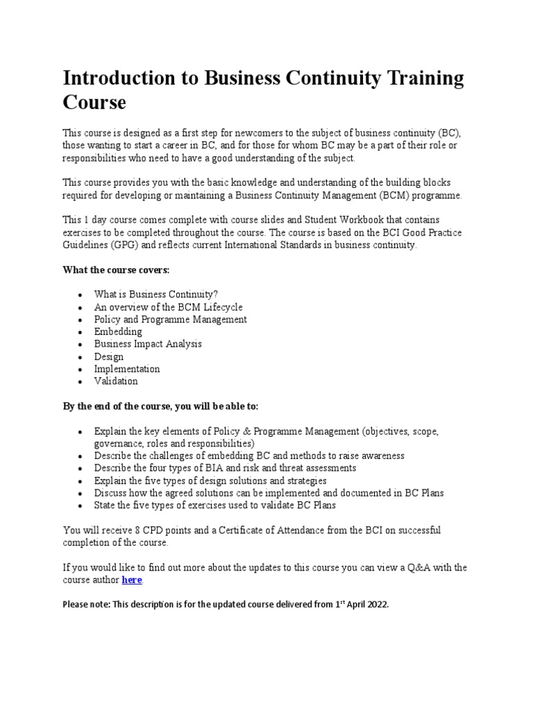 Introduction To Business Continuity Training Course | PDF