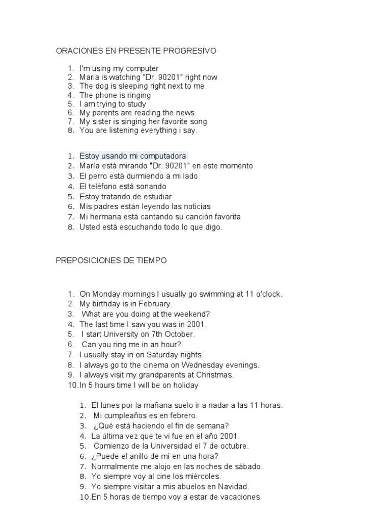 Oraciones en Presente Progresivo