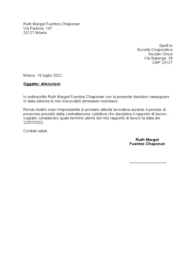 Dimissioni Volontarie Esempio Lettera Di Dimissioni - vrogue.co