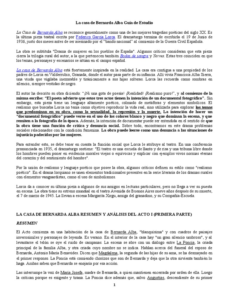 La Casa de Bernarda Alba Resumen y Análisis | PDF | Federico García Lorca