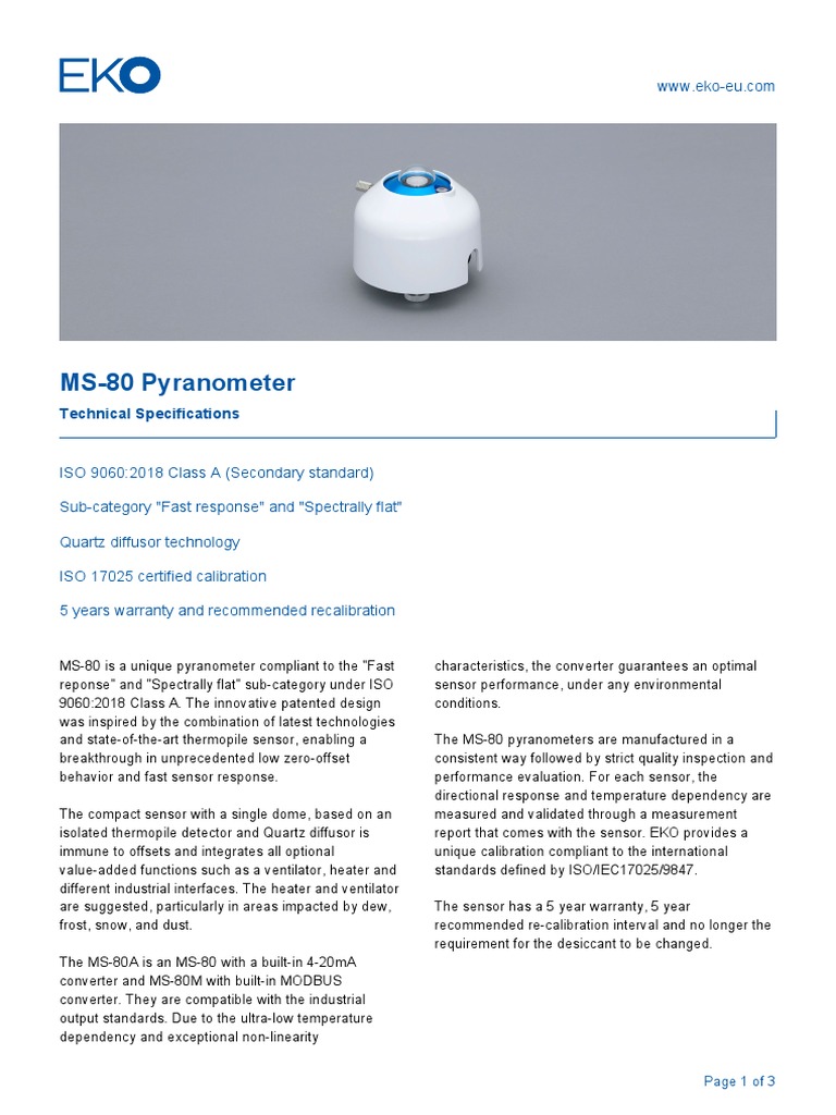 The MS-80 Pyranometer: A Unique ISO 9060:2018 Class A Sensor Compliant with Fast Response and ...