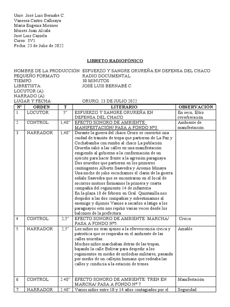 Libreto Radiofónico - Esfuerzo y Sangre Orureña en Defensa Del Chaco ...