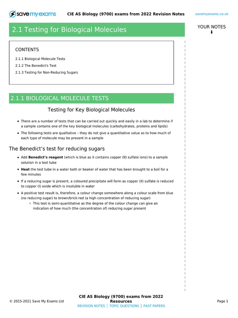 2.1 Testing For Biological Molecules | PDF | Chemistry | Chemical ...