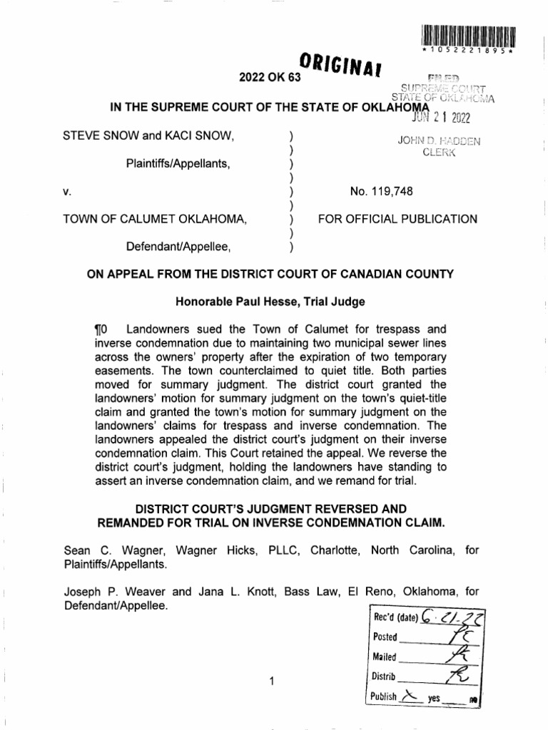 Snow v. Town of Calumet, No. 119,748 (Ok. June 21, 2022) | PDF