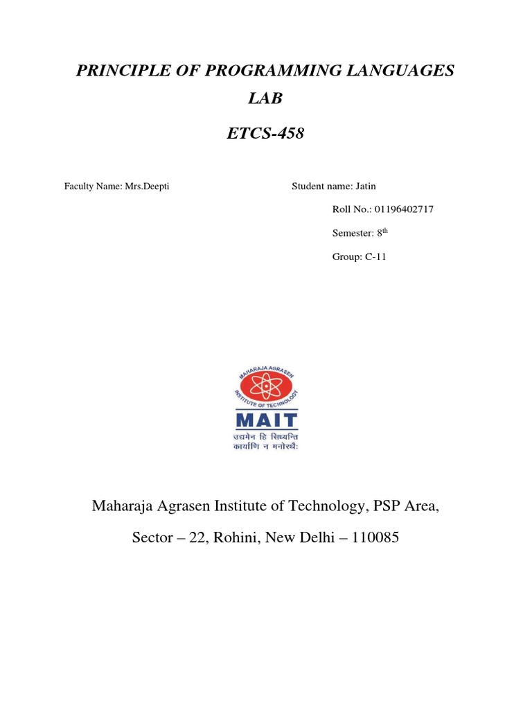 Principle of Programming Languages LAB ETCS-458 | PDF | C++ | Computer ...