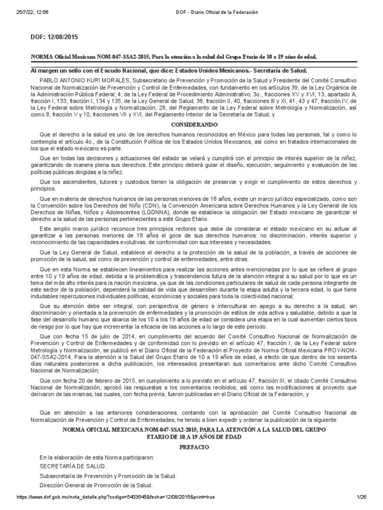 NOM 047 SSA2 2015 - Adolescentes | PDF | Obesidad | Cáncer