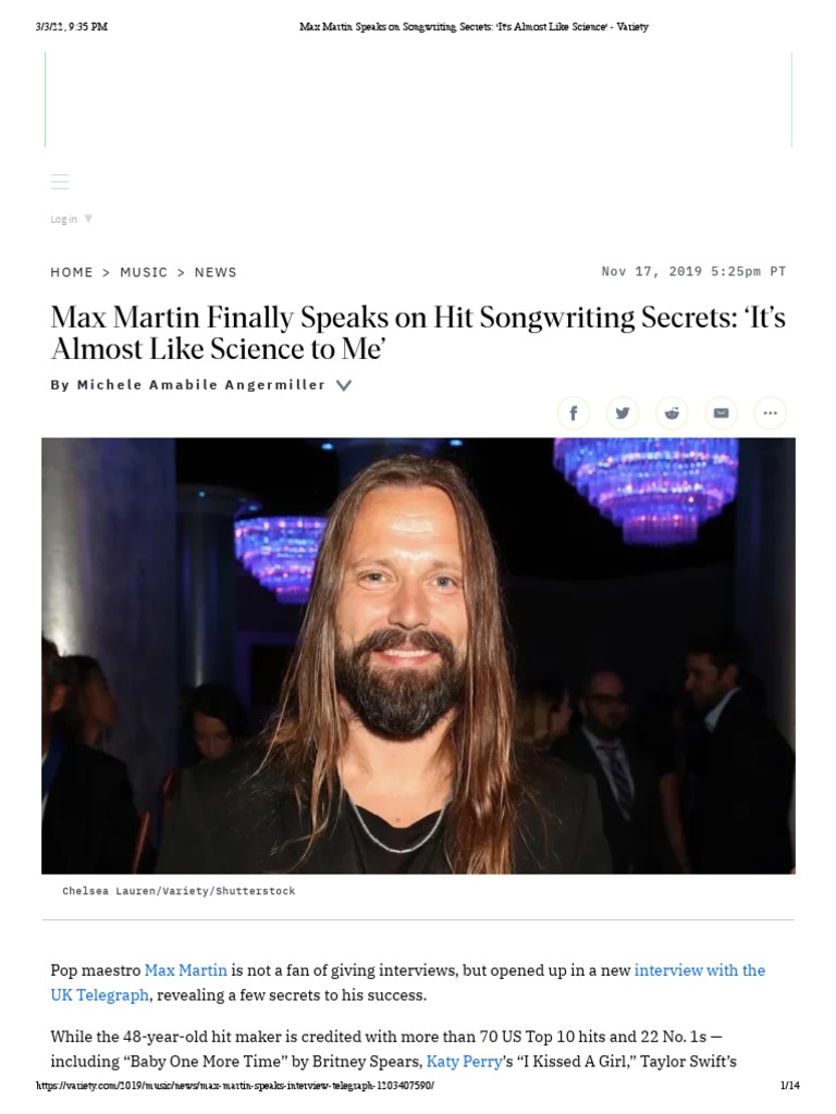 Max Martin Speaks On Songwriting Secrets - 'It's Almost Like Science ...